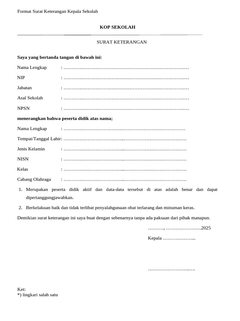 Format Surat Keterangan Kepala Sekolah SD SMP Sma SMK | PDF