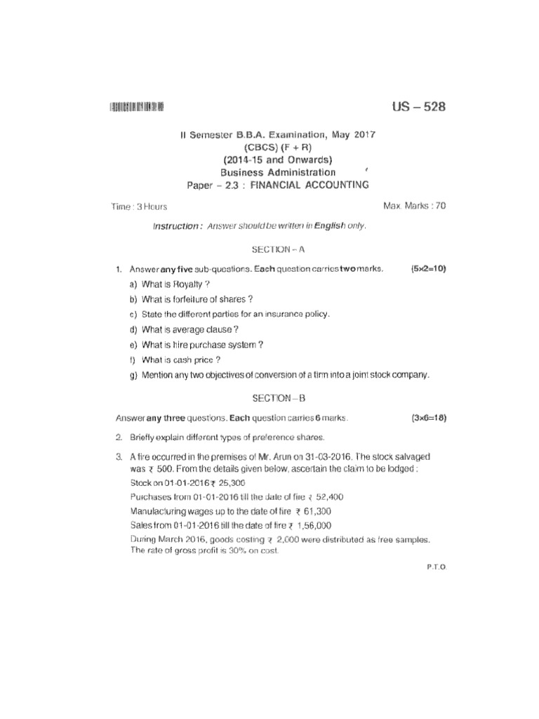 Bba 2 Sem Business Administration Financial Accounting May 2017 | PDF