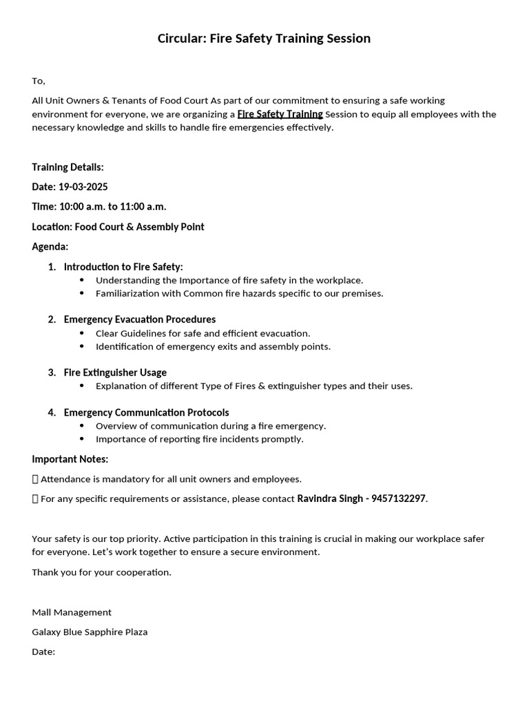 Fire Safety Training Session Notice | PDF