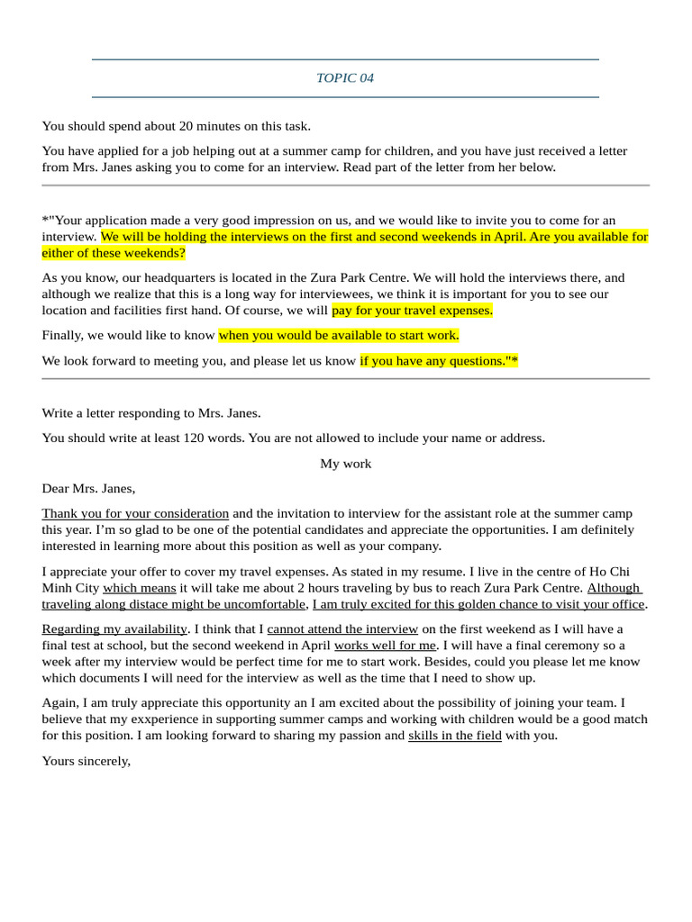 Summer Camp Interview Response Letter | PDF | Interview