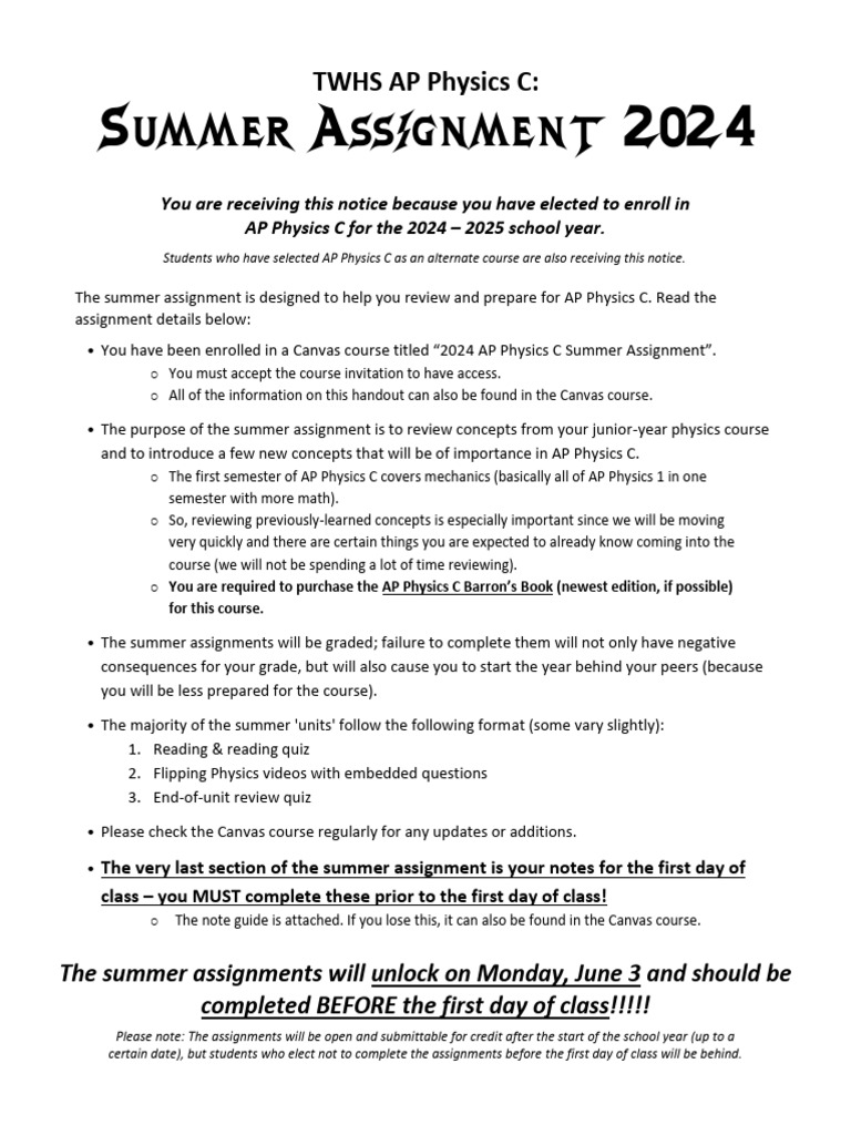 2024-25 AP Physics C Summer Assignment and Calculus Noteguide | PDF | Derivative | Integral