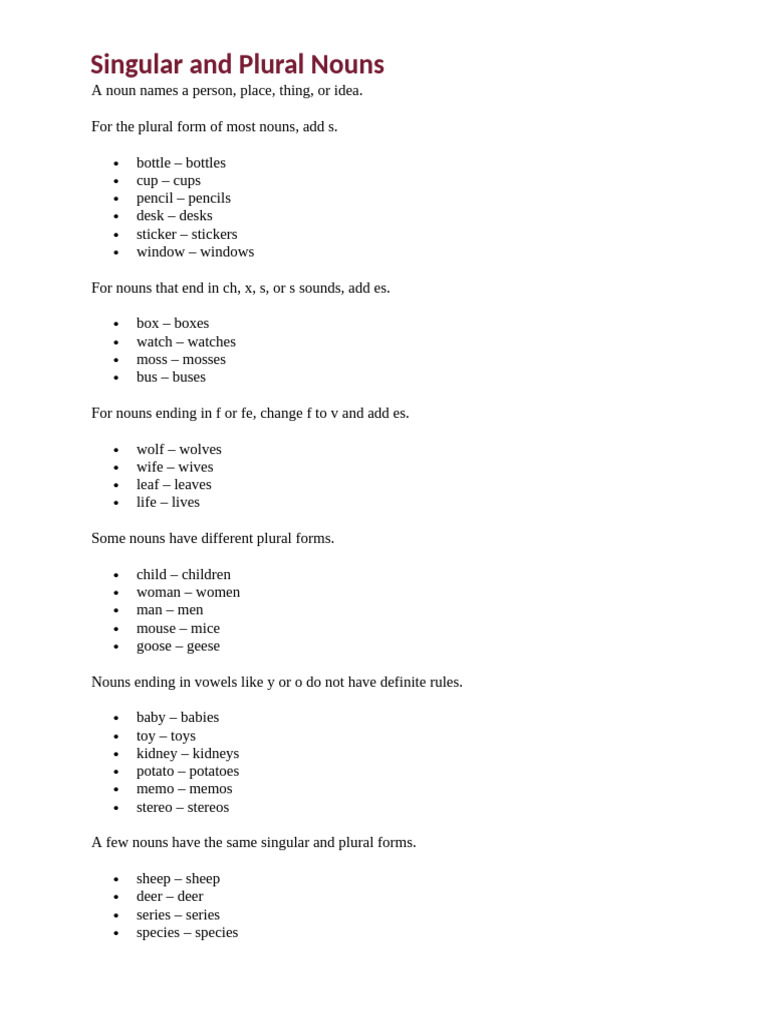 Singular vs. Plural Nouns Guide | PDF