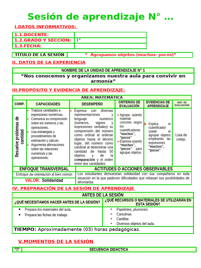 Sesiòn Agrupamos Objetos Muchos - Pocos Maestra Janet | PDF | Aprendizaje | Maestros