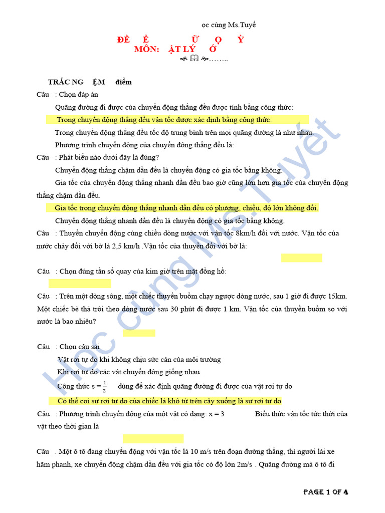Lý 10 - Thi Giữa Kỳ 1 - ĐỀ 1 - Ms Tuyết.dox | PDF