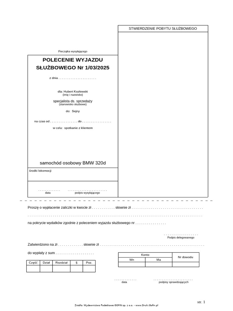 Polecenie Wyjazdu Sluzbowego I Rachunek Kosztow Podrozy | PDF
