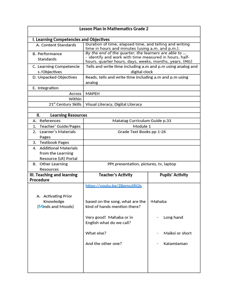 Matatag-Parts-of-Lesson-Plan | PDF | Lesson Plan | Learning