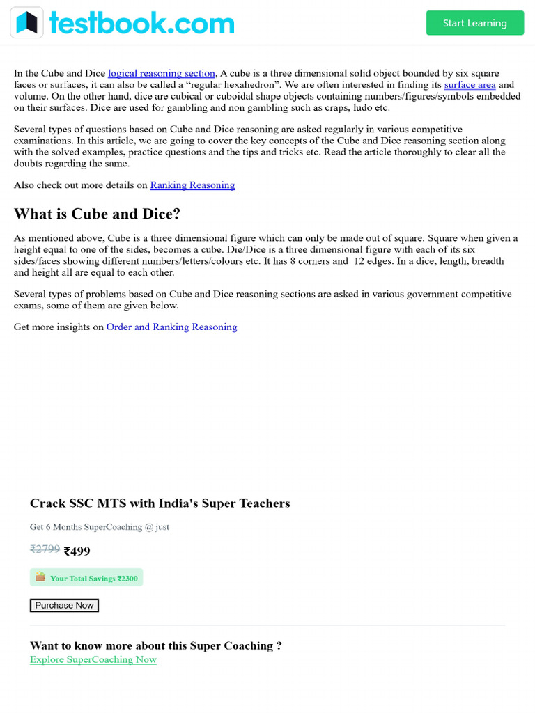 Cube and Dice Reasoning, Key Concepts, Solved Examples and More | PDF