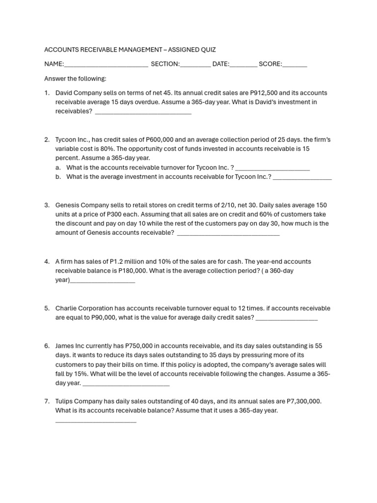 Accounts Receivable Management Quiz March 24 2025 | PDF