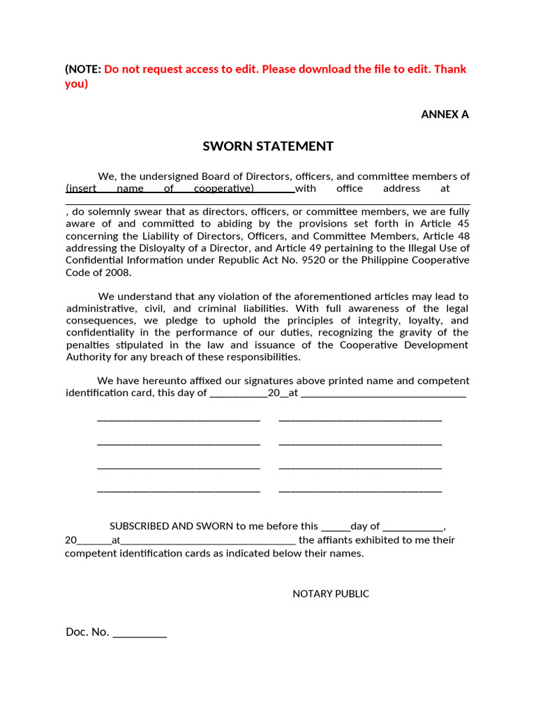 Sworn Statement for Cooperative Officers | PDF
