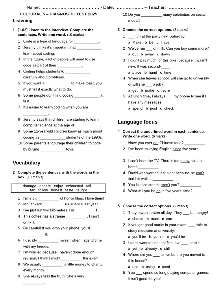 Cultural 5 Diagnostic Test 2025 | PDF
