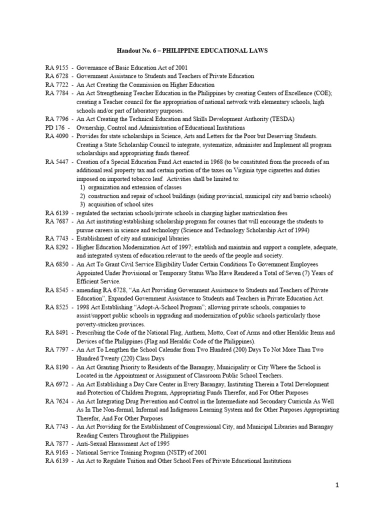 Handout 6 - Educational Laws | PDF | Curriculum | Schools