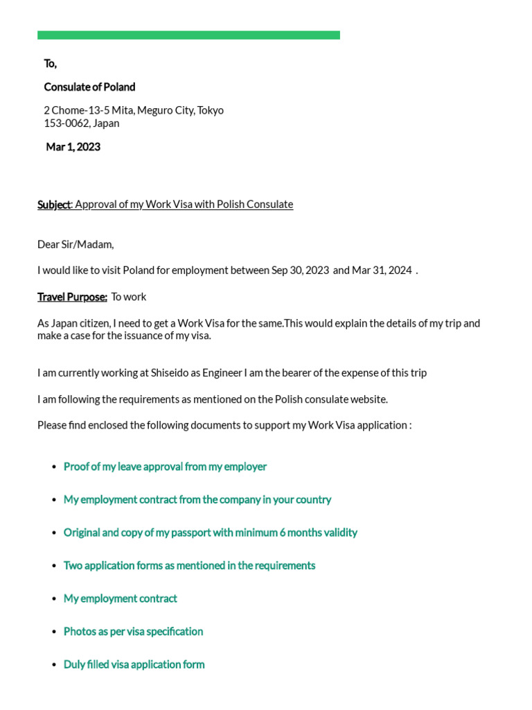 Poland Work Visa Application Letter | PDF