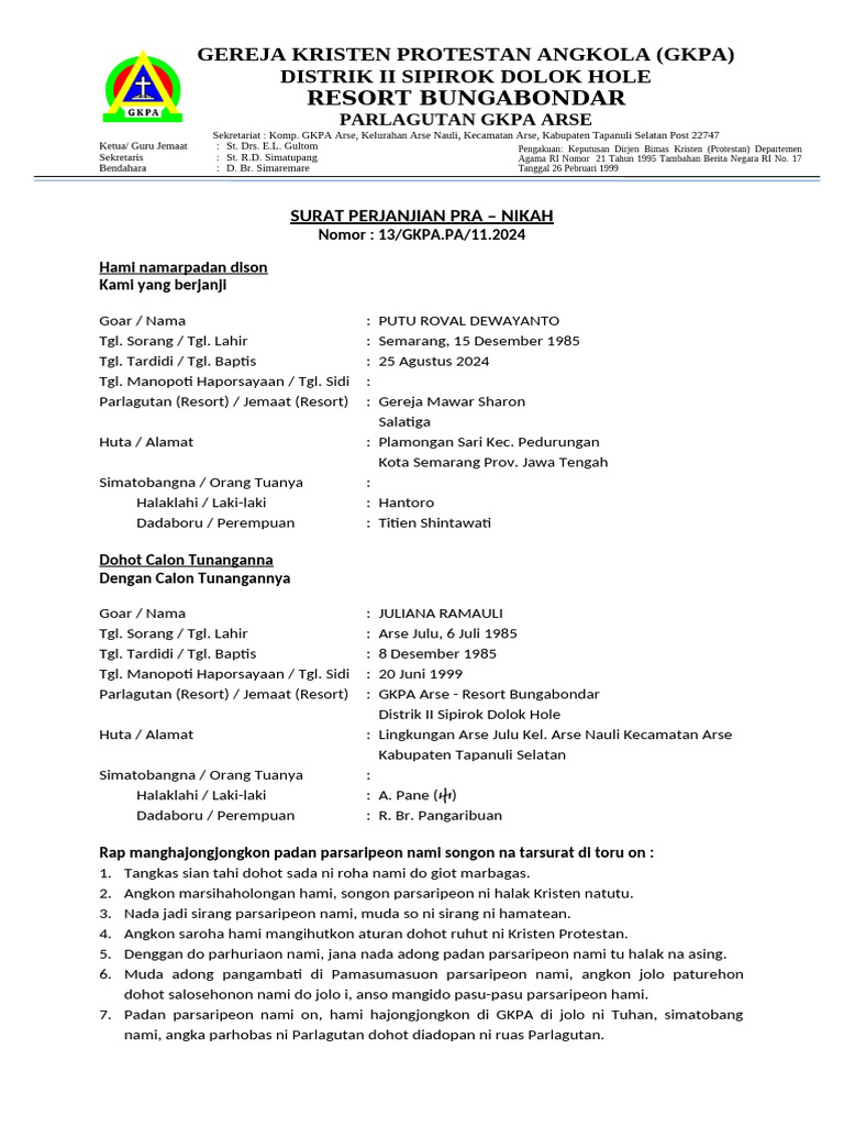 Surat Perjanjian Pra-Nikah GKPA | PDF