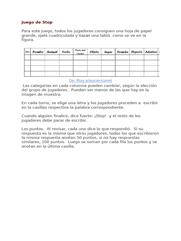 Reglas y categorías del juego Stop | PDF