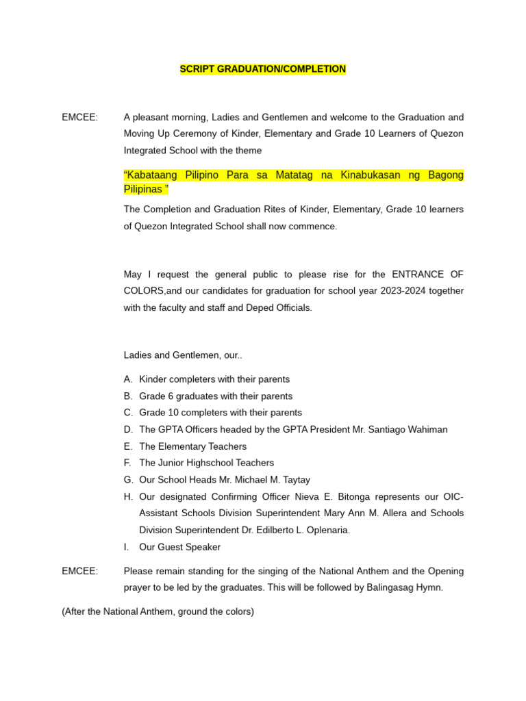 Graduation Script 2023-2024 | PDF | Philippines