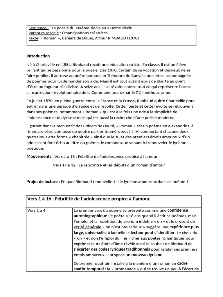 Analyse du poème "Roman" de Rimbaud | PDF | Poésie | Arthur Rimbaud