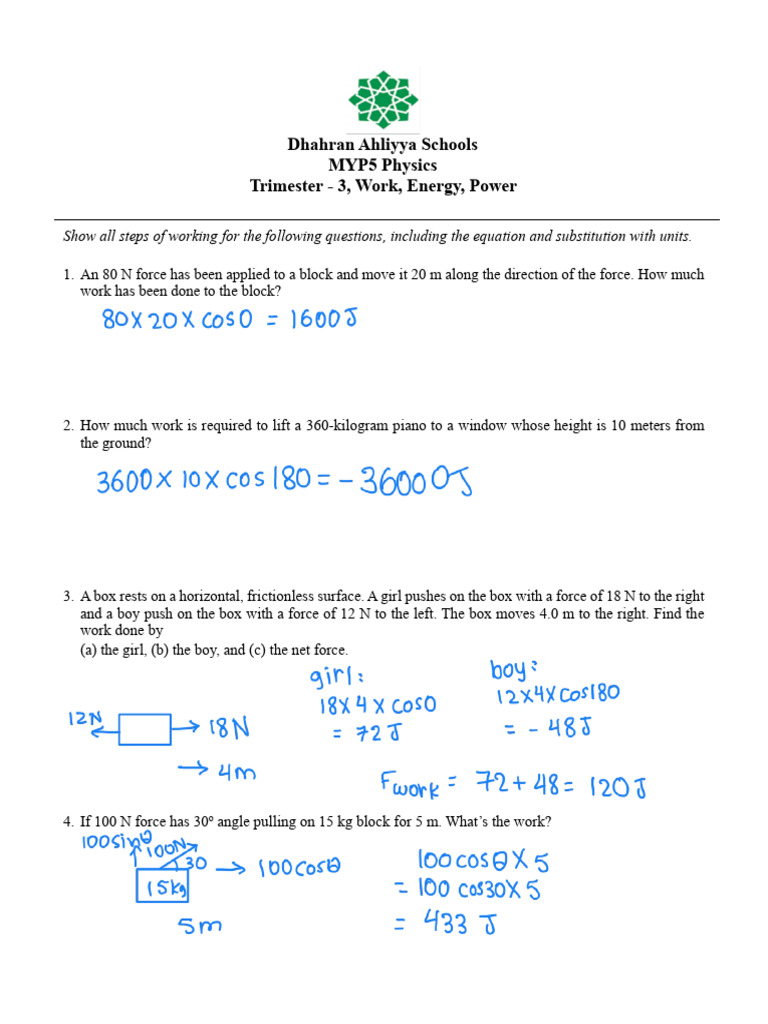 Worksheet On Work Energy Power | PDF | Force | Mechanics