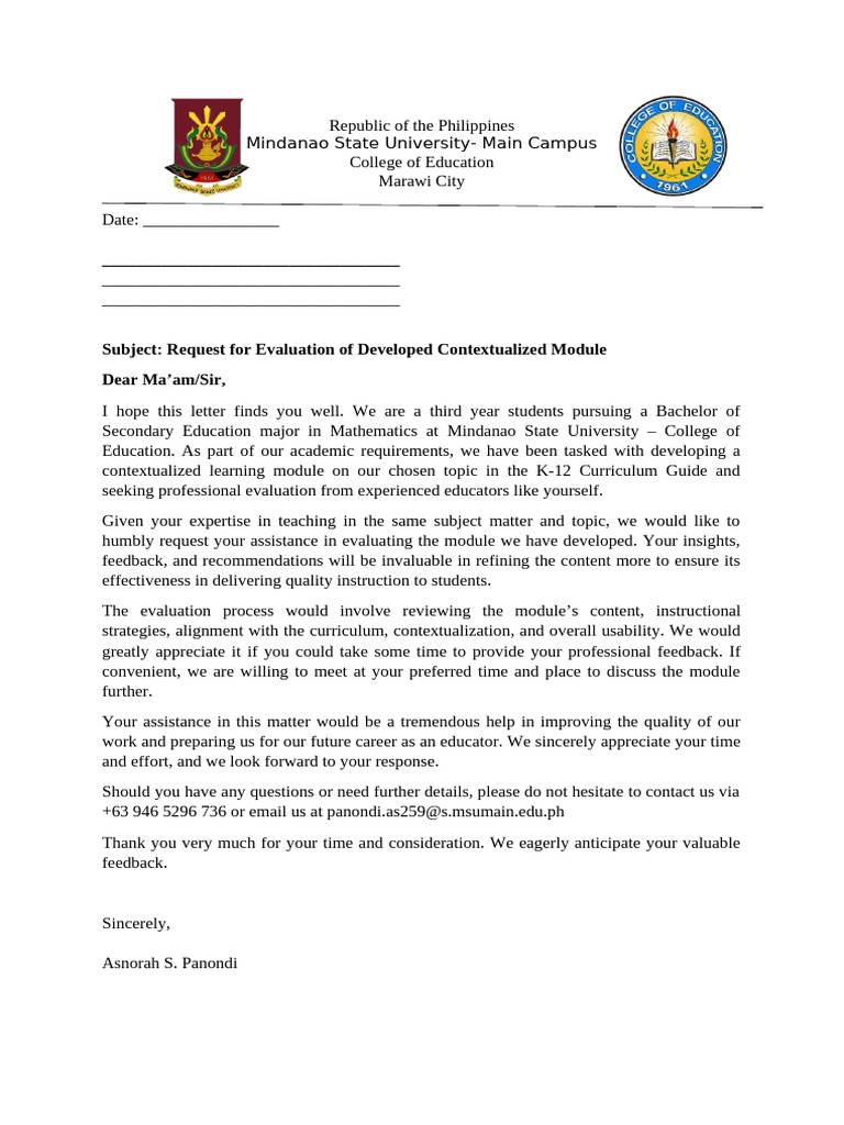 Letter For Module Evaluator | PDF