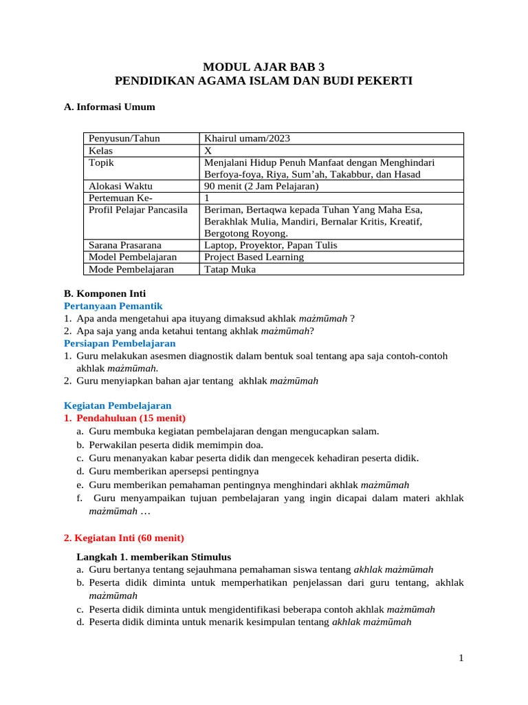 Modul Ajar Pai Sma Kelas X Bab 3 | PDF