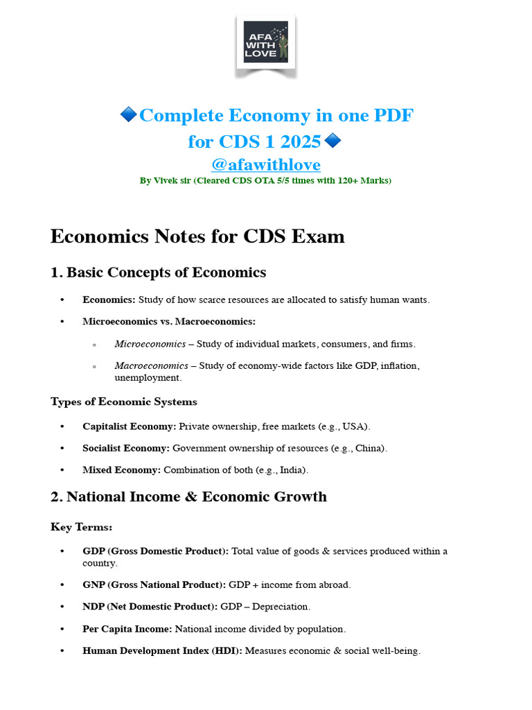 CDS 2025 Economics Notes PDF Guide | PDF | Measures Of National Income ...