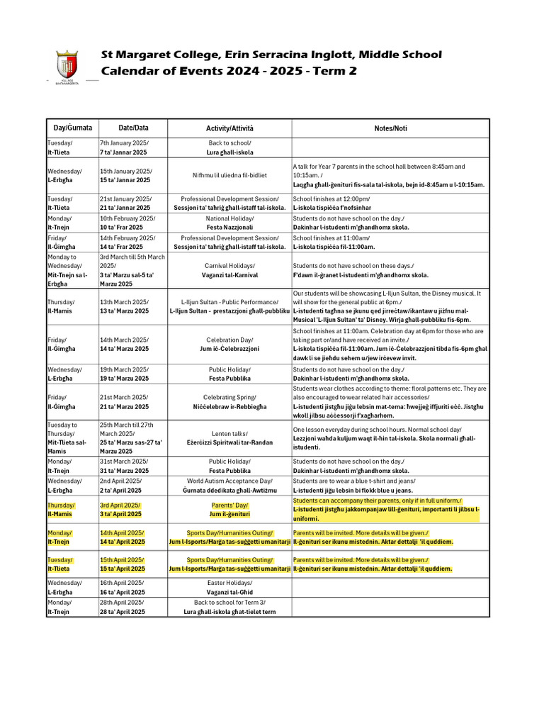 Calendar For Parents Term 2 | PDF | Observances | April Observances
