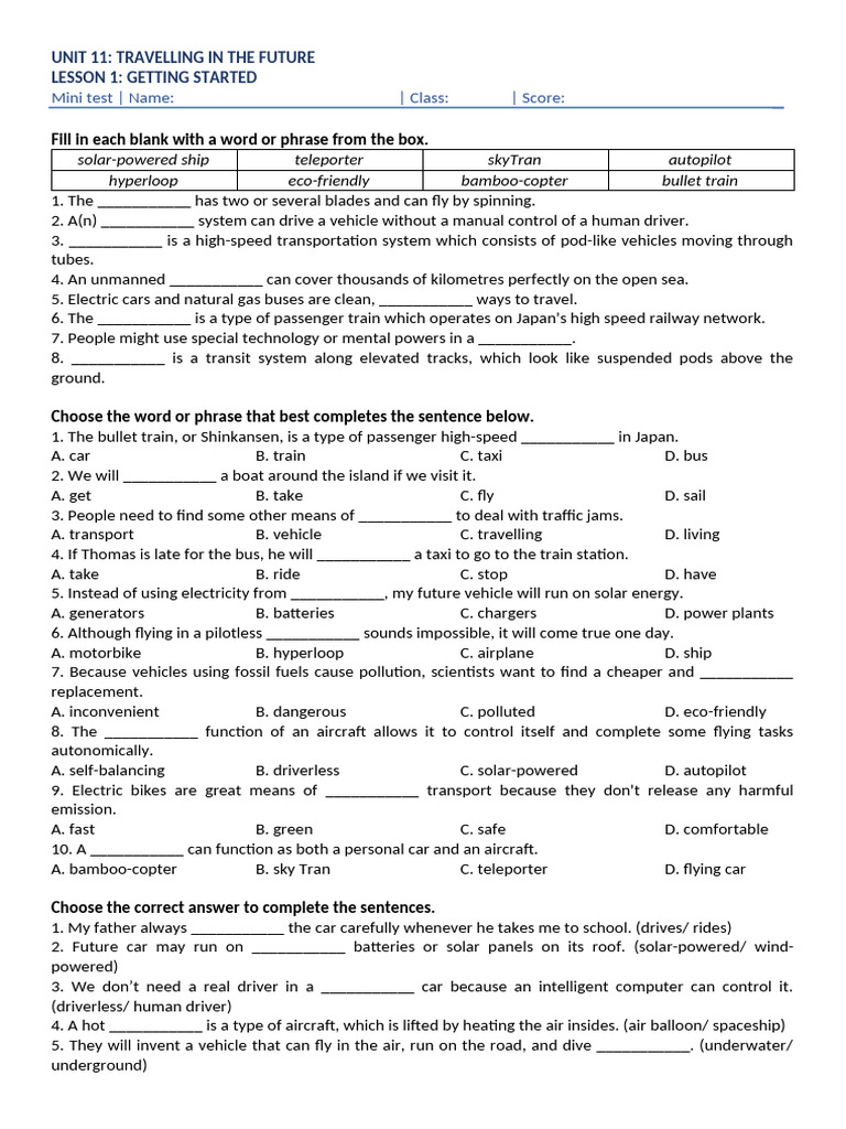 G7 Unit 11 Lesson 1 (NO KEYS) | PDF | Car | Train