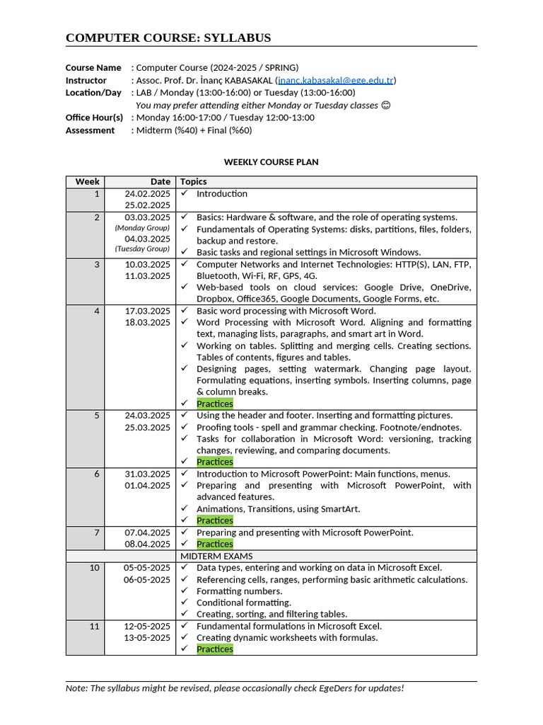 Computer Course Syllabus 2024-2025 | PDF | Microsoft Excel | Microsoft Word