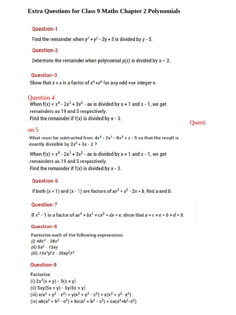 Class 9 Maths Polynomials Extra Questions | PDF