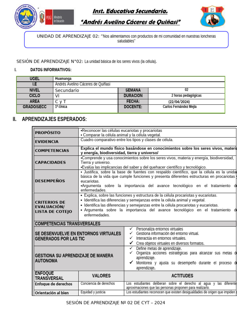 B1º Ses-Act 2-Cyt U2 | PDF | Biología Celular) | Aprendizaje