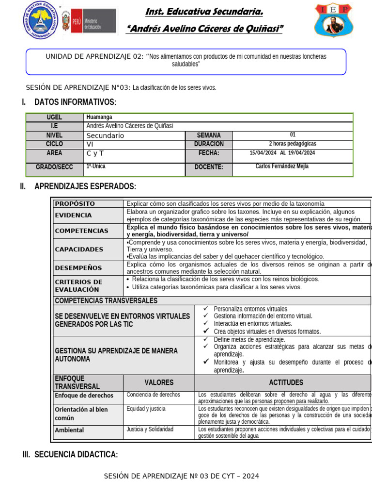 B1º Ses-Act 3-Cyt U2 | PDF | Aprendizaje | Taxonomía (biología)