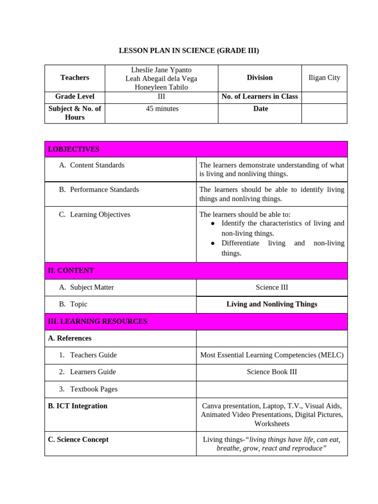 LESSON PLAN IN SCIENCE (GRADE III) Living & NonLiving | PDF | Lesson ...