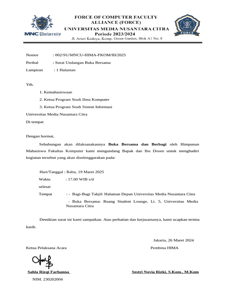 Undangan Buka Bersama HIMA FKOM 2025 | PDF