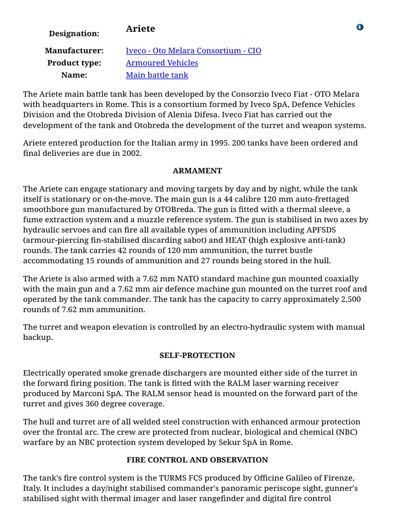 1 - Army Guide - Ariete, Main Battle Tank | PDF | Tanks | Military Vehicles