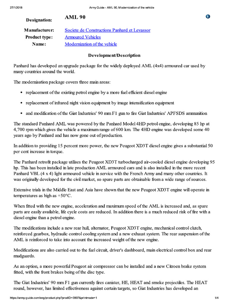 1 - Army Guide - AML 90, Modernization of The Vehicle | PDF