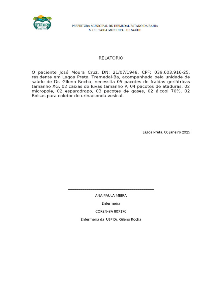 Necessidade de Materiais para Paciente | PDF