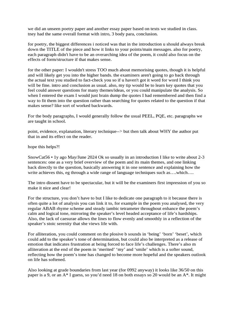 We Did An Unseen Poetry Paper and Another Essay Paper Based On Texts We ...