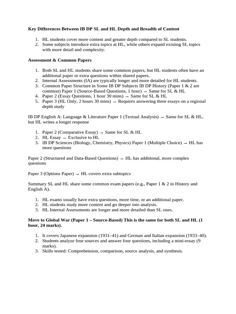 IB DP SL vs HL: Key Assessment Differences | PDF | Essays