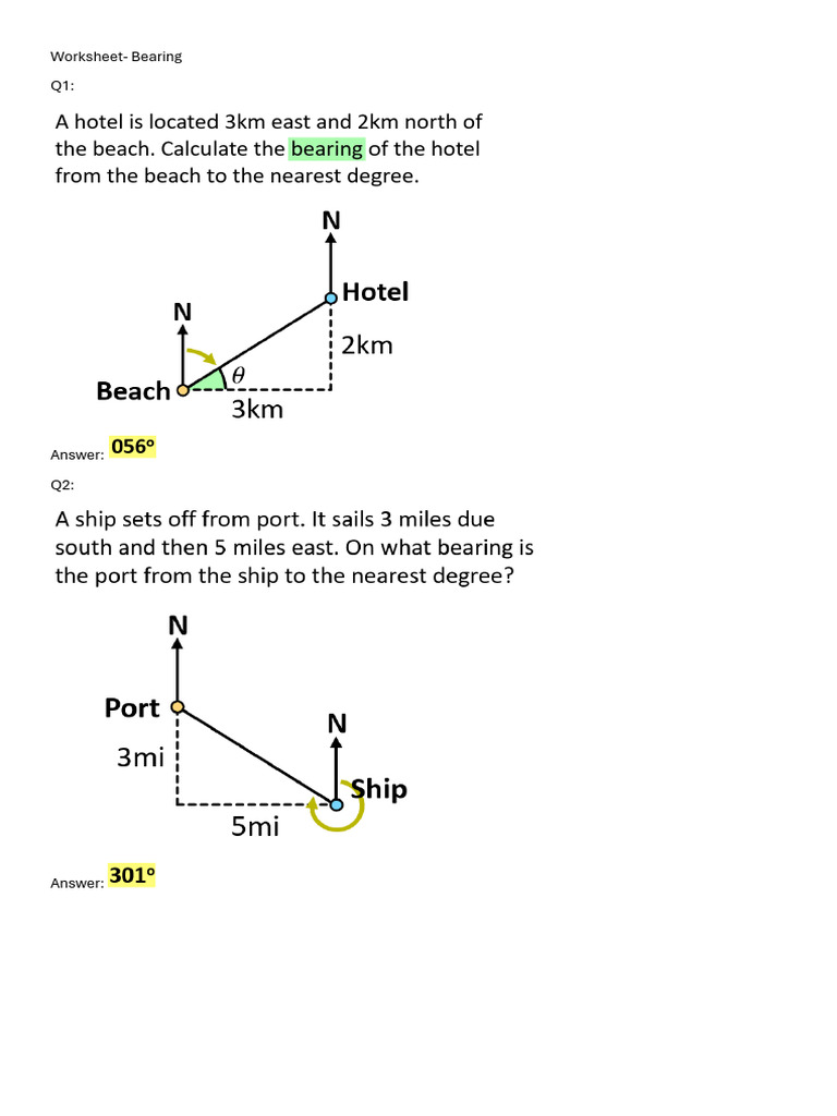Bearing Worksheet - Year 9 | PDF