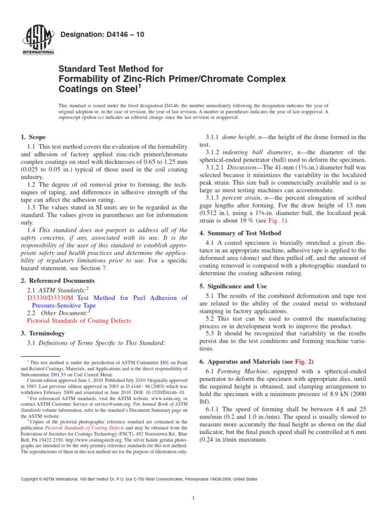 ASTM D4146 - 10 Standard Test Method For Formability of Zinc - Rich ...