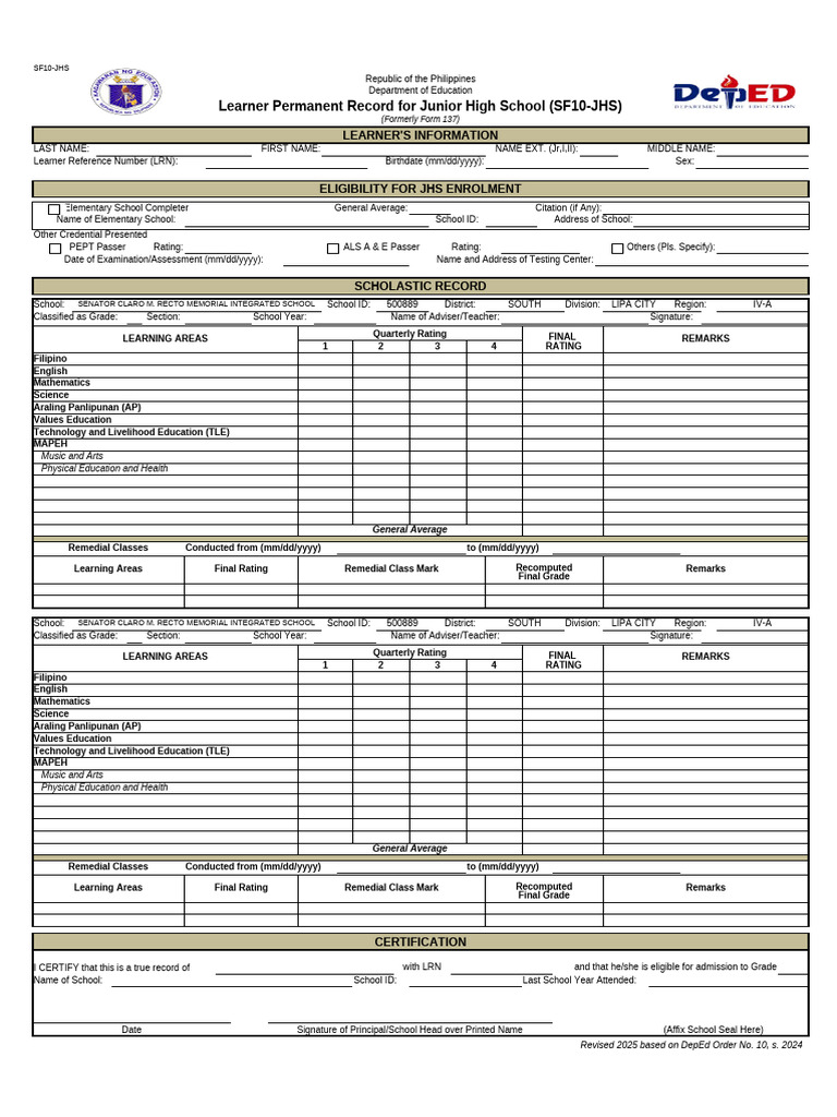 SF 10 Matatag Curriculum | PDF