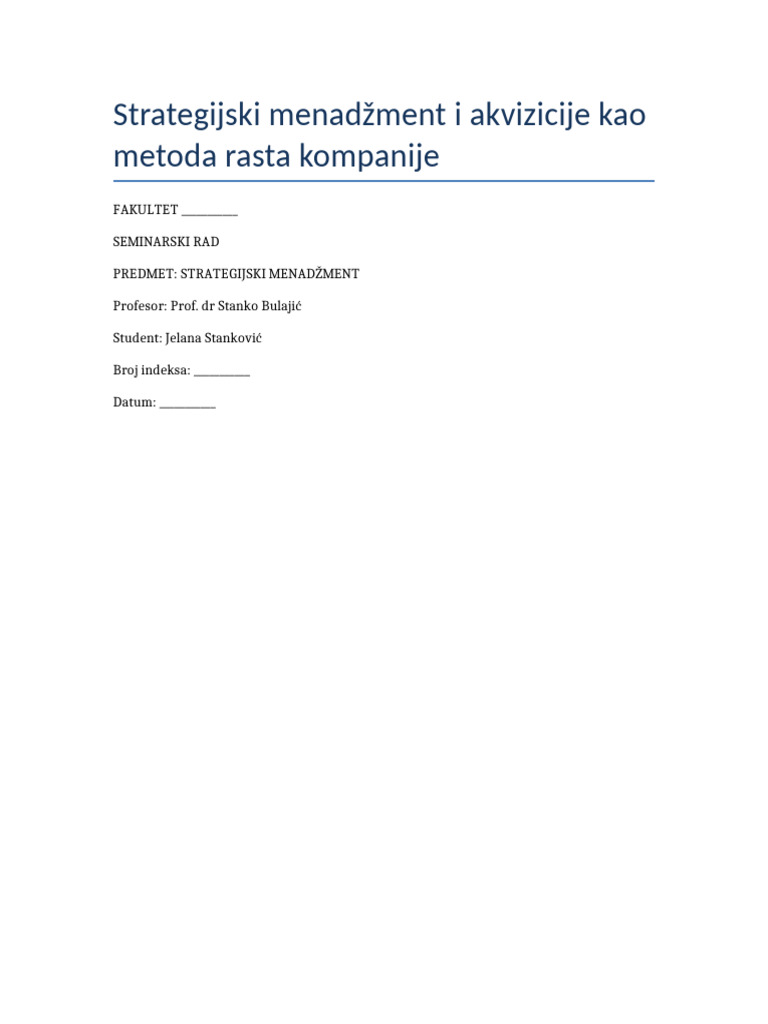 Seminar Strategijski Menadzment Akvizicije Prosireno | PDF