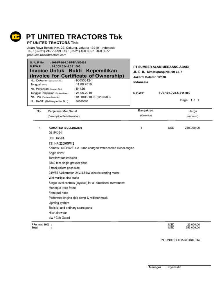 Invoice Kepemilikan Alat Berat 2010 | PDF