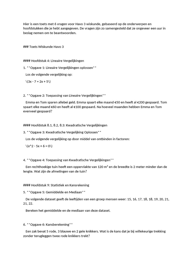 Hier Is Een Toets Met 6 Vragen Voor Havo 3 Wiskunde | PDF