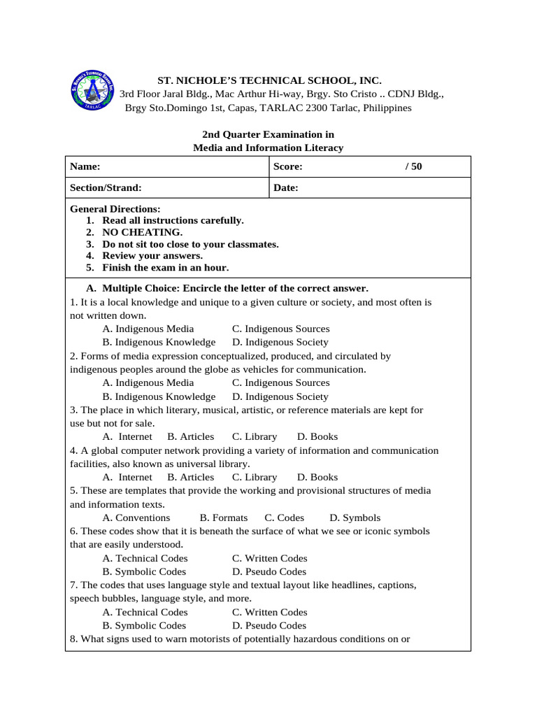 2nd Quarter Exam in Media and Information Literacy | PDF | Libraries ...
