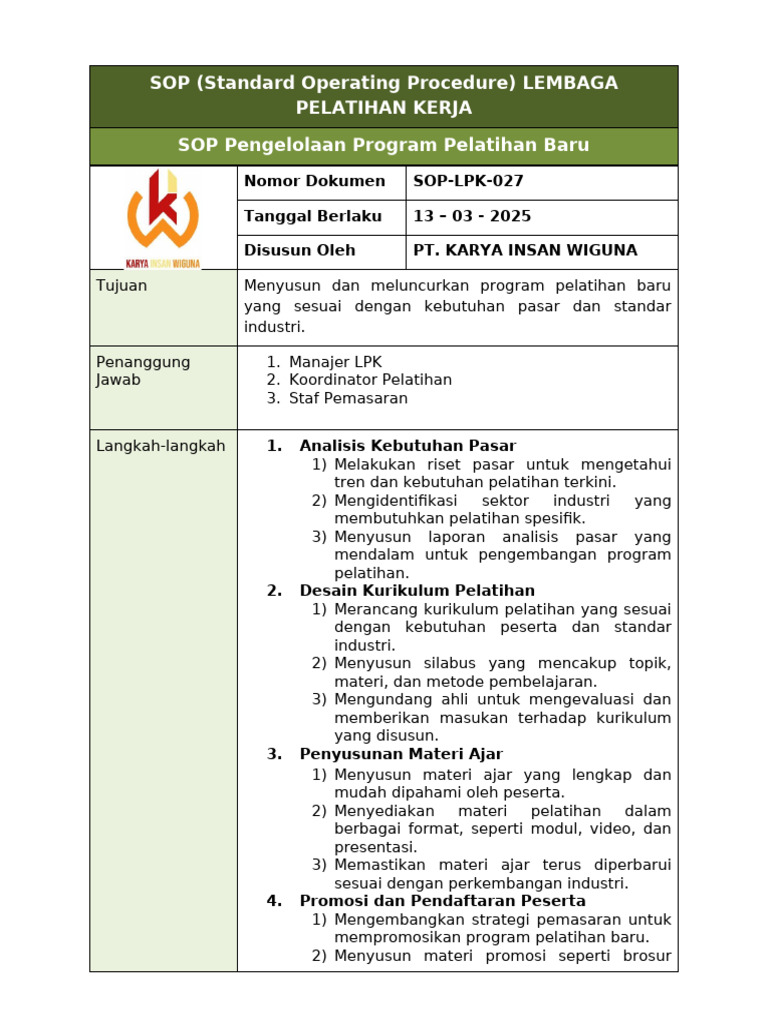 SOP Program Pelatihan Baru LPK | PDF