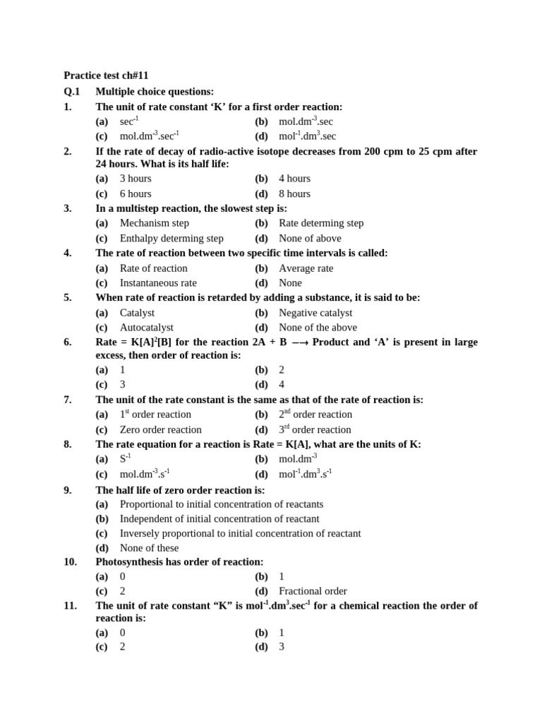 1st Year Practice Test ch#11 | PDF | Reaction Rate | Catalysis