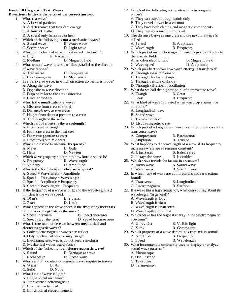 Grade 10 Diagnostic Test Waves | PDF | Waves | Electromagnetic Radiation