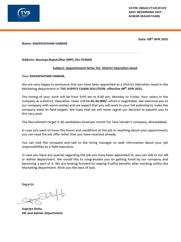 Radheshyam Offer Letter | PDF | Pension