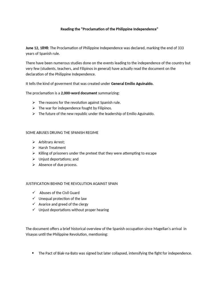 Philippine Independence Proclamation Overview | PDF | Philippines–Spain ...