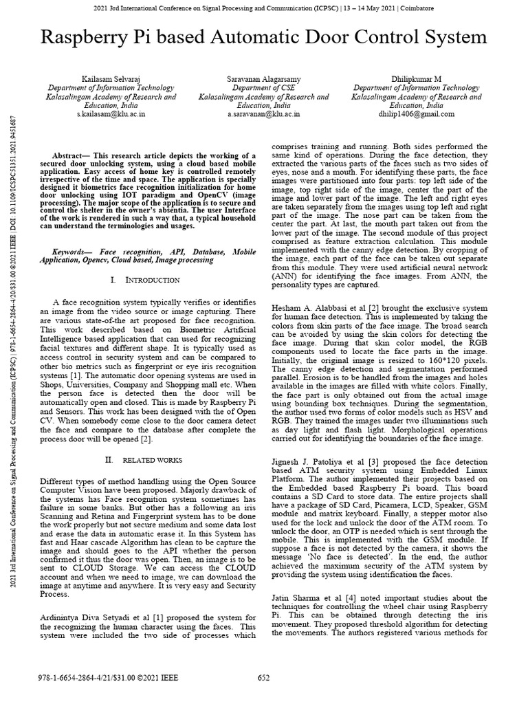 Kailasam Selvaraj Raspberry Pi Based Automatic Door | PDF | Databases | Computer Data Storage